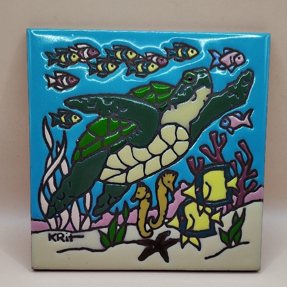 Kitchen | Vintage Glazed Earthtones 6 Clay Dry Line Colorful Sea Turtle ...